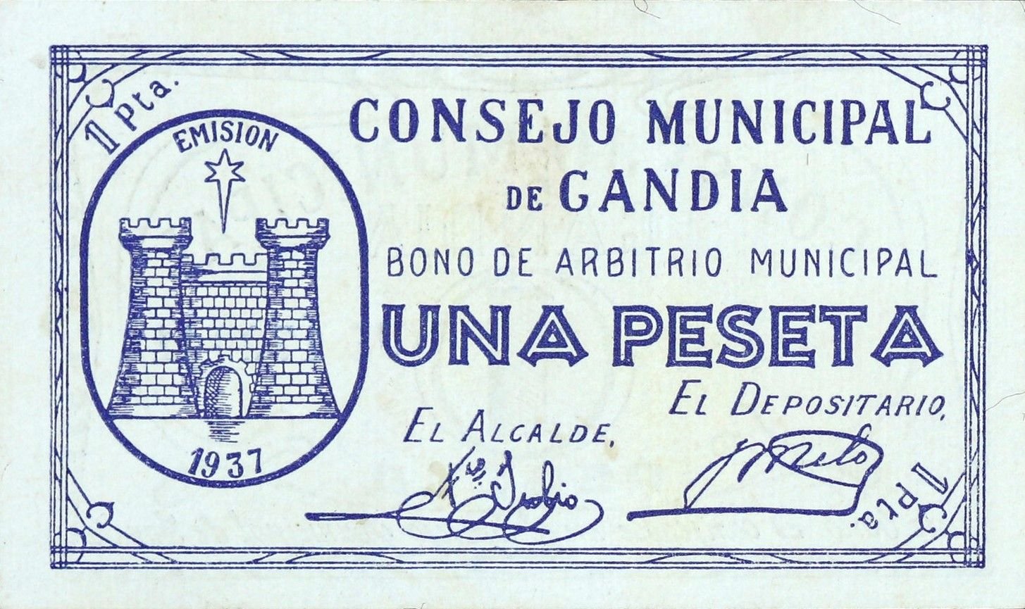 1 песета Гандия (Испания) 1937 года - Банкноты мира (Numisclub) - NC#38411